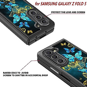 NKase for Samsung Galaxy Z Fold 5 Case, Samsung Z Fold 5 Case Cute Hard Slim Cover Galaxy Z Fold 5 Case Shockproof Women Girls Men Protective Case for Galaxy Z Fold 5 5G Case, Gold/Blue Butterfly