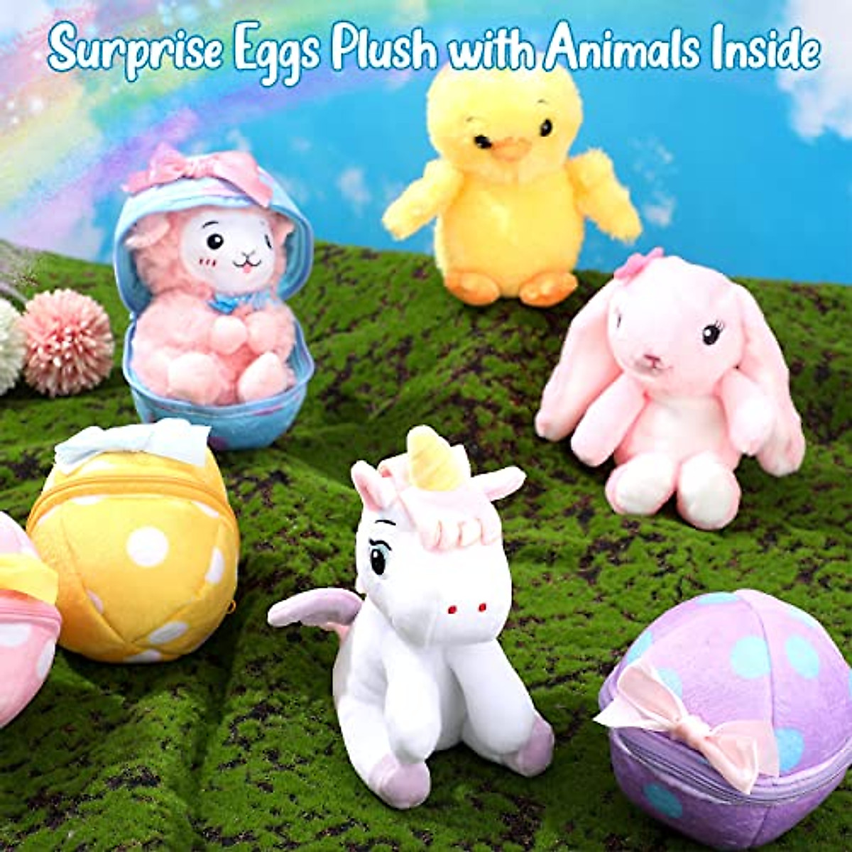 Skylety 4 Packs Easter Egg Stuffed Animals 6 Inch Easter Eggs Filled with Llama Unicorn Chick Rabbit Plush Inside for Easter Basket Stuffers Presents Exchange Party Favors Gifts