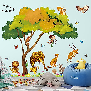 Jungle Animal and Tree Wall Decals Removeable DIY Flower Lion Giraffe Owls Wall Sticker Peel and Stick Wall Decor for Nursery Kids Room Bedroom Living Room
