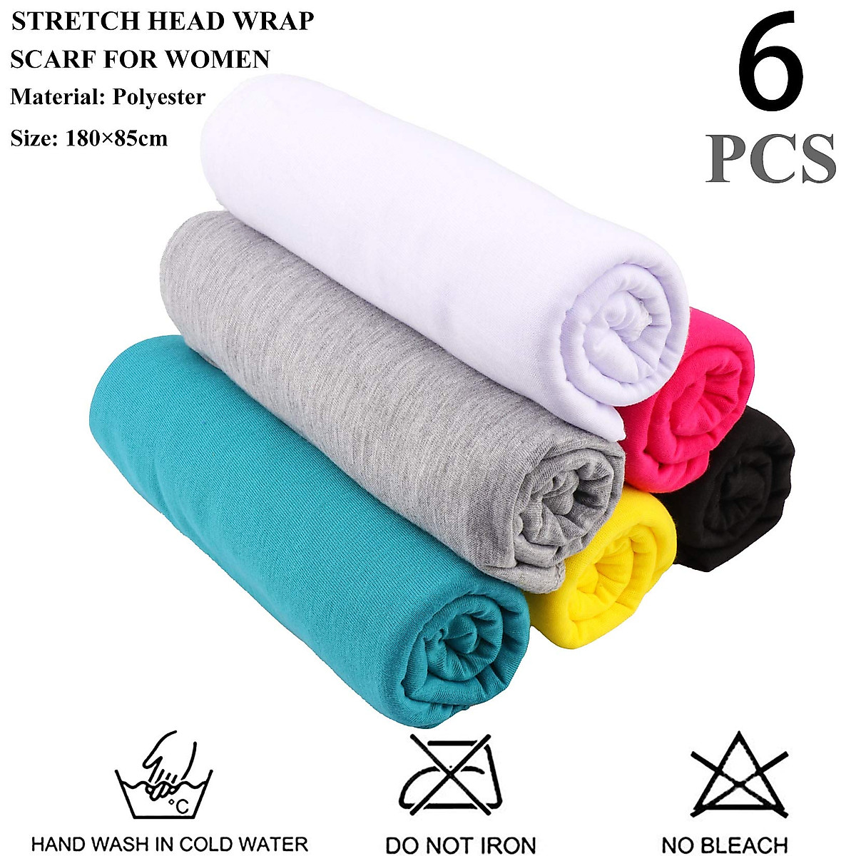 6 Pieces Head Wraps Scarf Long Turban Stretch Jersey Ultra Soft Urban Knit Hair Scarfs Solid Color African Headbands Tie Breathable Headwrap Fashion Shawls for Women