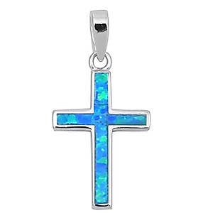 Oxford Diamond Co Solid Lab Created Blue Opal Cross .925 Sterling Silver Pendant (Lab Created Blue Opal)