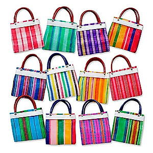 More Fiesta 12 Mini Mexican Tote Mercado Bags 5 inch by 5 inch - Assorted Colors - Small Mexican Mercado Bags (High Thread Mesh)