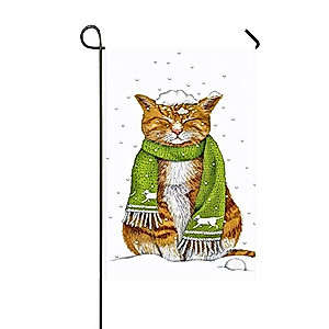 Mark Reynolds Orange Cat With Green Scarf Squint Eyes In The Snowing Day Garden Flag Holiday Decoration Double Sided Flag 12.5" x 18"