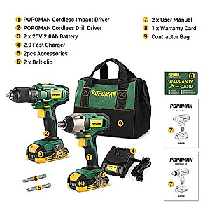 POPOMAN Drill Combo Kit, 20V 1600In-lbs Impact Driver, 398ln-lbs Cordless Drill, 59 Min Fast Charging, 2x2.0Ah Batteries, LED Work Light, Metal Chuck, 2PCS for Drilling Metal- BHD620B