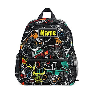 Glaphy Custom Kids Backpack for Boys Girls, Monster Truck Cars Toddler Backpack Kindergarten Elementary, Personalized Name Preschool Bookbag with Chest Strap