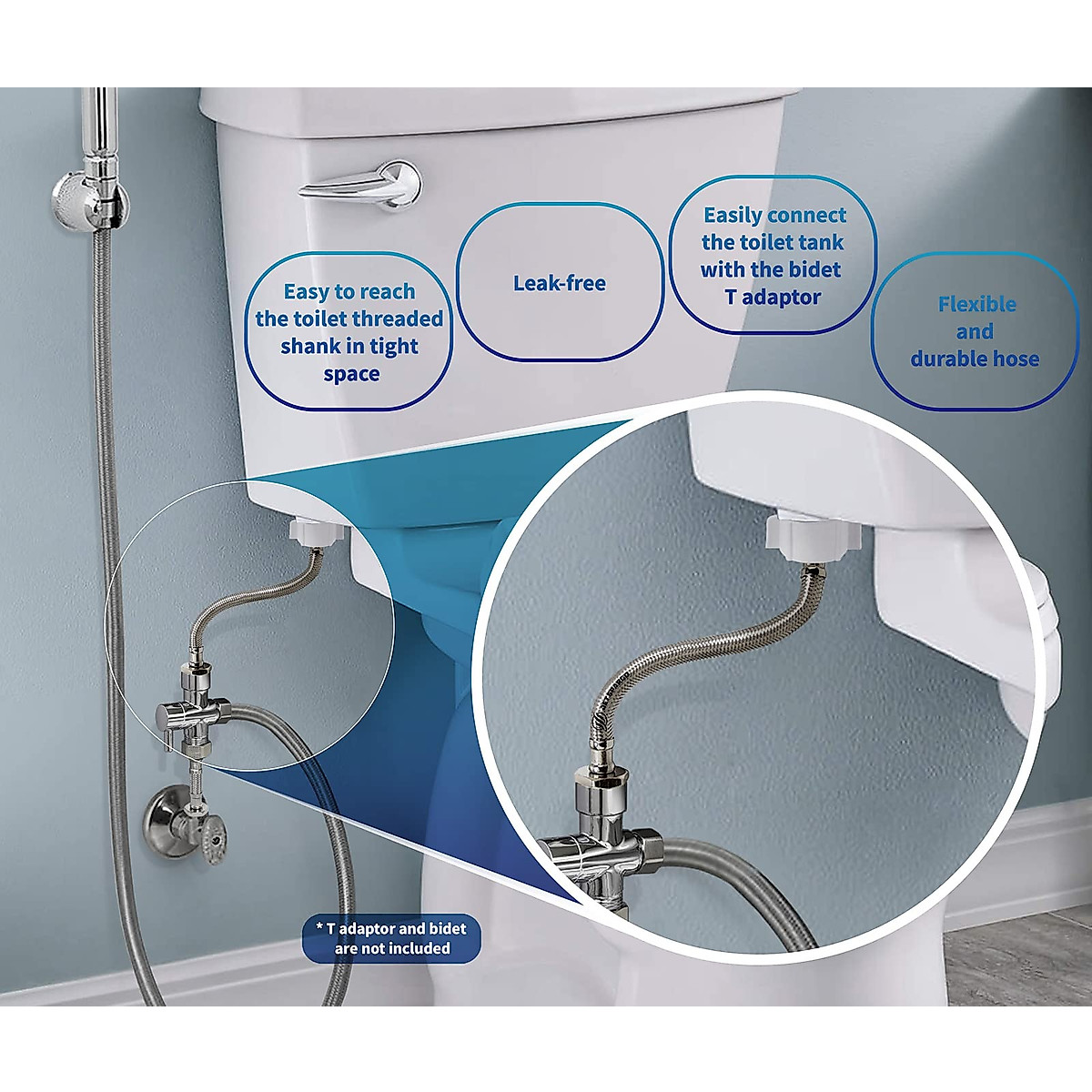 Jet Spargo Toilet Supply Hose Extension Connector - 6 Inches 7/8 Male To 7/8 Female - Flexible Adapter - Stops Leaking Of Bidet Sprayer T Adapter - Can Be Used For Skirted Toilet