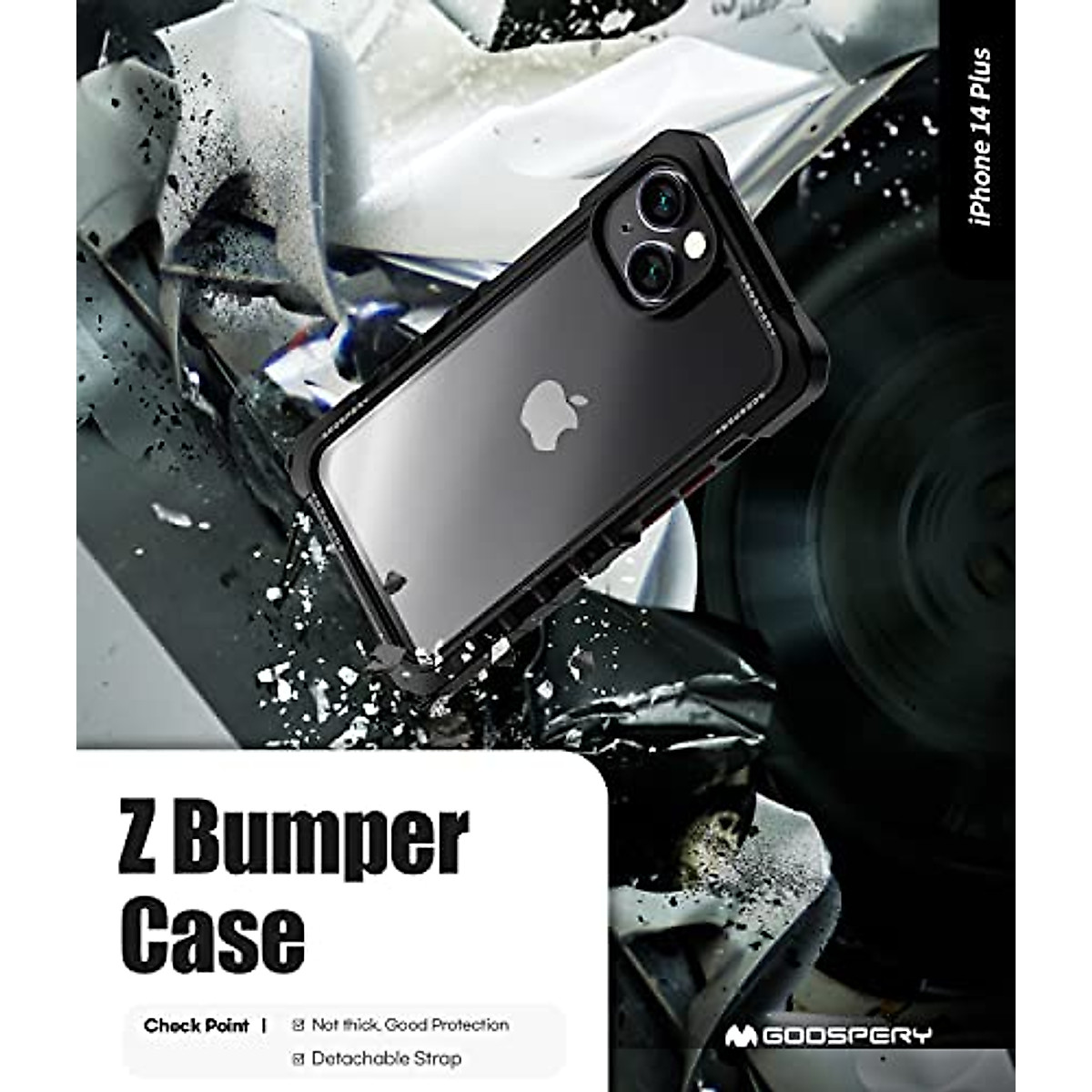 GOOSPERY Z Bumper Crossbody Compatible with iPhone 14 Plus Case [Strap Included] Shock Absorbing Dual Layer Structure TPU Edge Crystal Clear PC with Strap Outdoor Design, Black
