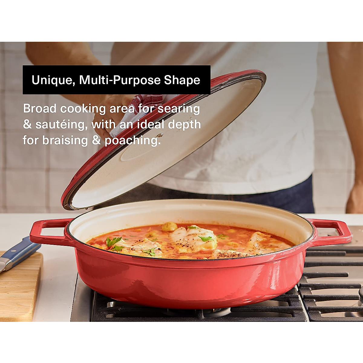 Misen Enameled Cast Iron Braiser Pan with Lid - Shallow Depth for Braising & Poaching - Durable Cookware - Oven Safe - Easy Handling - Chip-Resistant Enamel - Multi-Purpose Cooking - Red