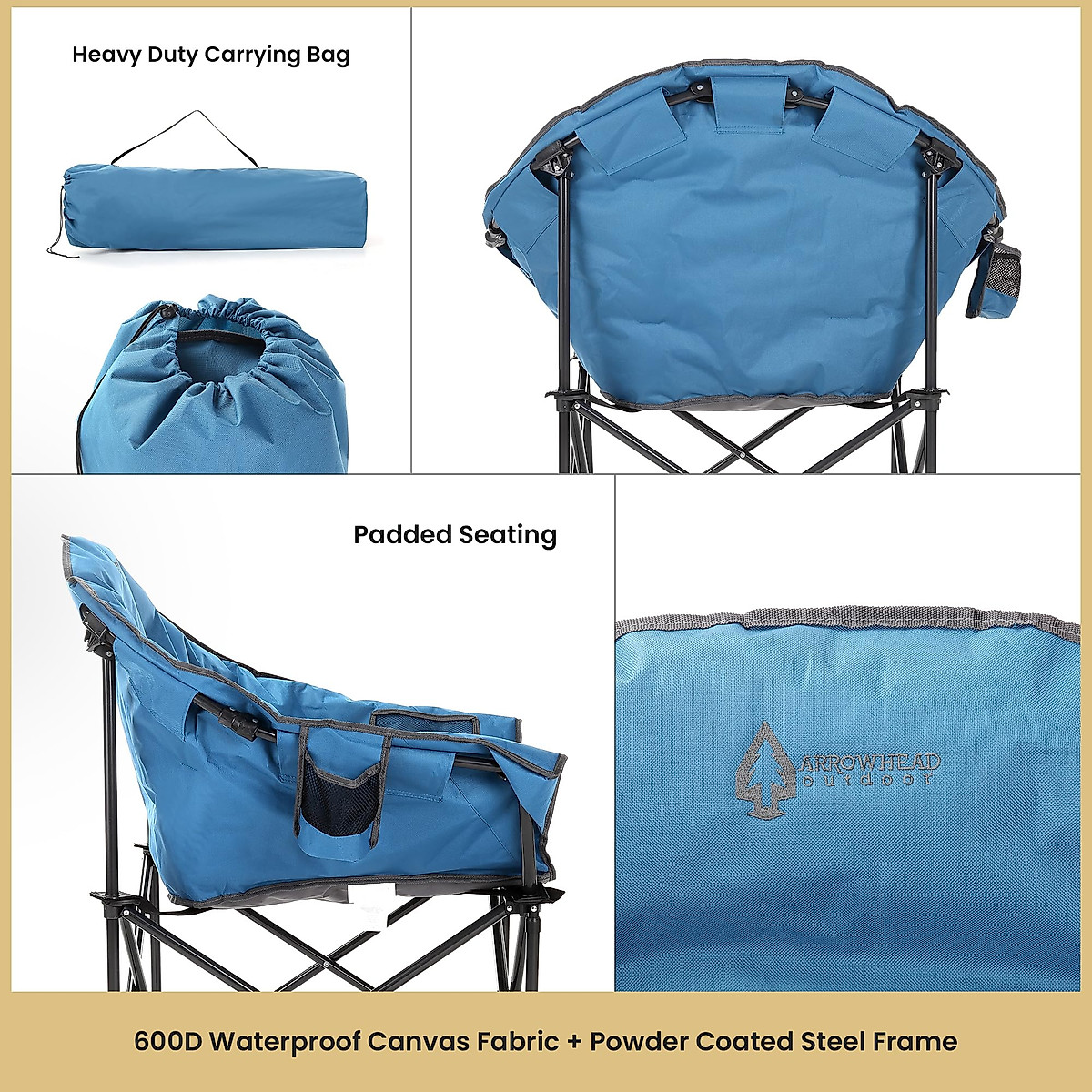ARROWHEAD OUTDOOR Oversized Heavy-Duty Club Folding Camping Chair w/External Pocket, Cup Holder, Portable, Padded, Moon, Round, Saucer, Supports 330lbs, Carrying Bag, USA-Based Support