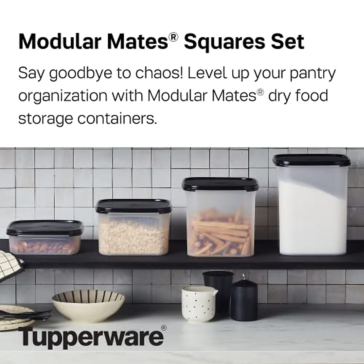 Tupperware Brand Modular Mates Squares Set - 4 Dry Food Storage Containers with Lids (5 Cup, 11 Cup, 17 Cup & 23 Cup Sizes) - Airtight, Dishwasher Safe & BPA Free