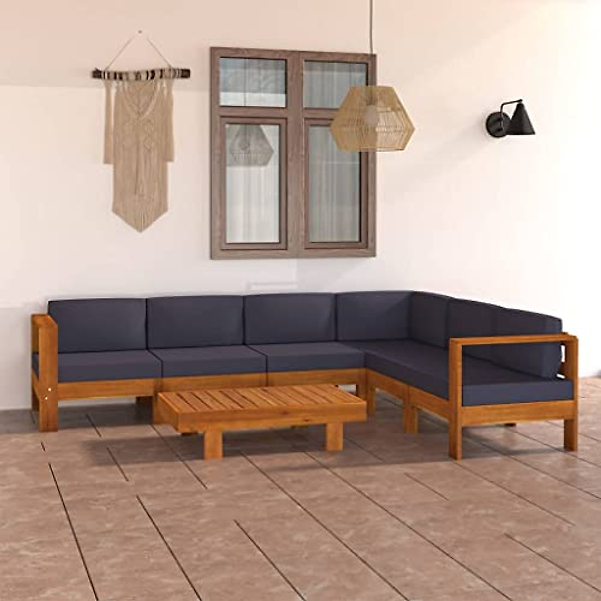 vidaXL Patio Lounge Set 7 Piece, Sectional Sofa for Outdoor Garden, Patio Furniture with Dark Gray Cushions, Coffee Table, Modern Style, Acacia Wood