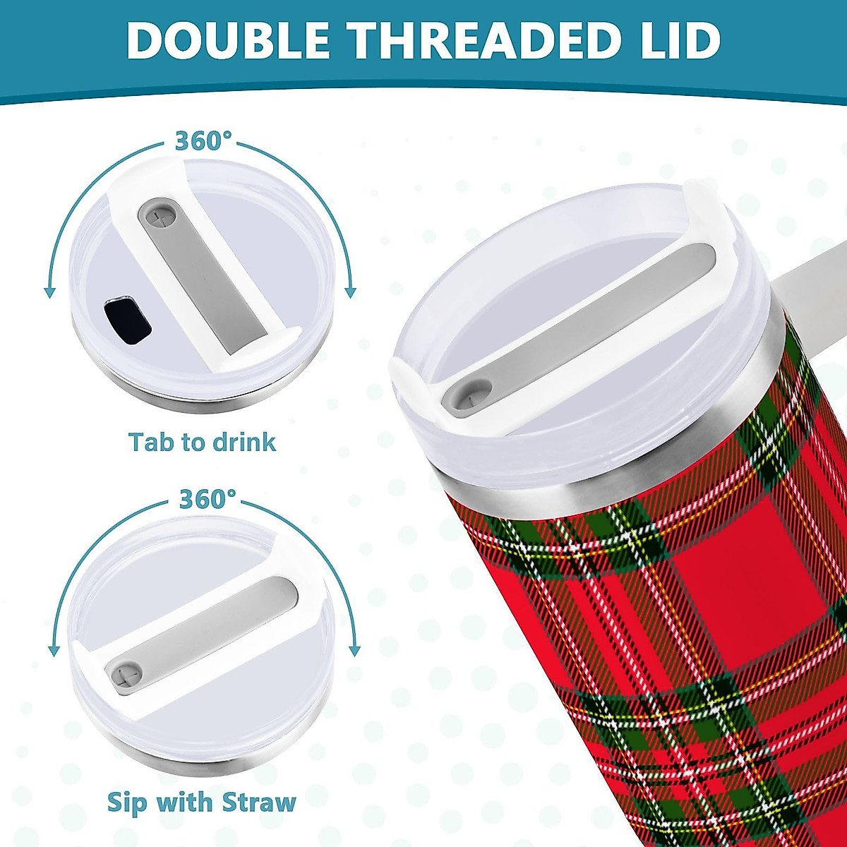 Tumbler with Handle and Straw Lid,Red Tartan Plaid Christma 30 oz Insulated Coffee Cup Stainless Steel Water Bottle Travel Mug Cupholder Friendly,Gifts for Women Men