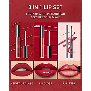 3Pcs Dark Brown Matte Liquid Lipstick, Lip Liner, Lip Gloss Trio Lip Set - One Step Lips Makeup Kits Waterproof Long-Lasting Moisturizing Velvety Nude Lip Stain Make Up Gift Set (11#)
