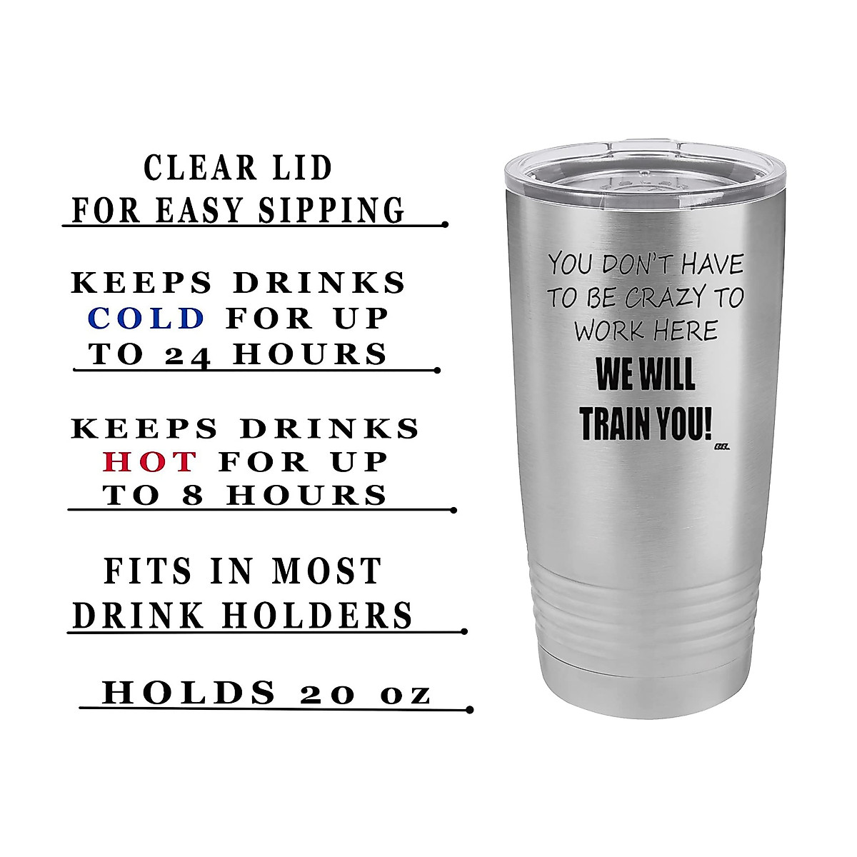 Rogue River Tactical Funny Sarcastic Office Work 20 Oz. Travel Tumbler Mug Cup w/Lid Vacuum Insulated Hot or Cold You Don't Have To Be Crazy To Work Here We Will train You (Silver)