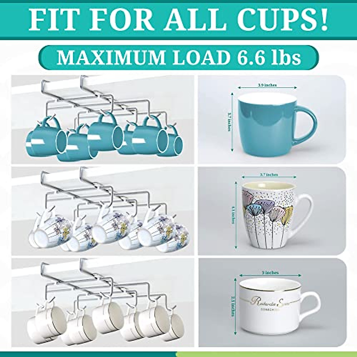 Mug Hooks Under Cabinet 8 Hooks Cabinet Max Thickness 0.78" Steel Wire Coffee Mug Hangers Utensil or Towel Hook Under Shelf Mug Holder with Stronger Grip Adhesive, Cup Rack Organizer for Kitchen, RV