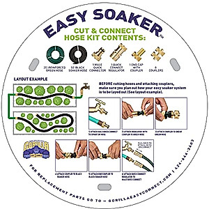 Gorilla Easy Connect Easy Soaker Hose Watering Kit with Brass Fittings Includes Customizable System with Garden Hose, Soaker Hose and Reusable Brass Fittings with Quick Connector Regulator.