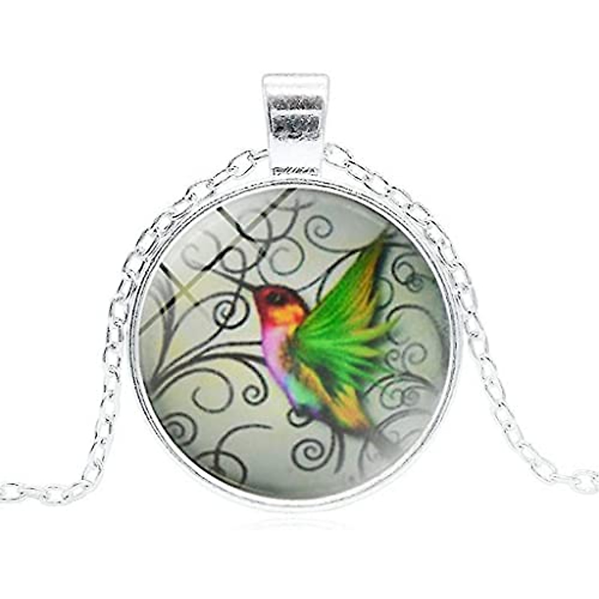 Round Locket Necklaces for Women Pressed Flower Hummingbird Transparent Glass Pendant Necklace Locket Scroll Design Charm Shaped Novelty Fine Jewelry Gifts for Her Useful Processed, as shown