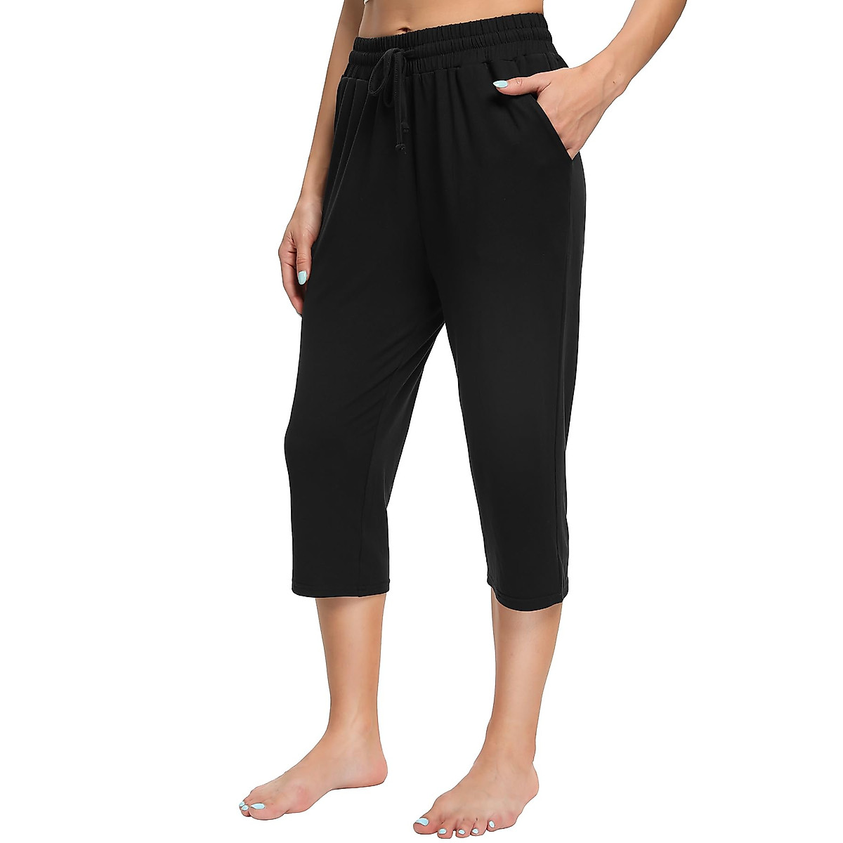 OLIKEME Workout Shorts Women's Capri Yoga Pants Loose Soft Drawstring High Waisted Sweatpants Causal Lounge Pants with Pockets Black