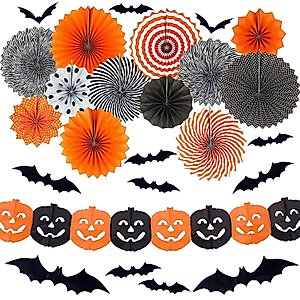 Halloween Party Decorations, Black Orange Party Hanging Paper Fans, Pumpkin Smile Party Banner, 3D Bats Wall Stickers for Halloween Themed Birthday Party Background Classroom Decorations Home Decors