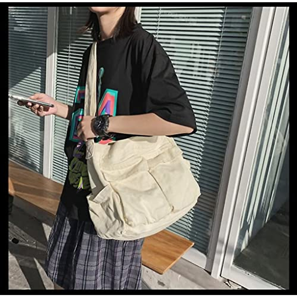 Unisex Canvas Crossbody Bag Hobo Messenger Bags Casual Bag Grunge Bag Shopping Shoulder Bag Large Tote Handbag Multi-pocket