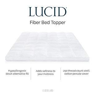LUCID Ultra Plush 3 Inch Down Alternative Fiber Bed Mattress Topper - Allergen Free Pillow Top - Soft and Breathable Cotton Percale Cover - Queen Size , White
