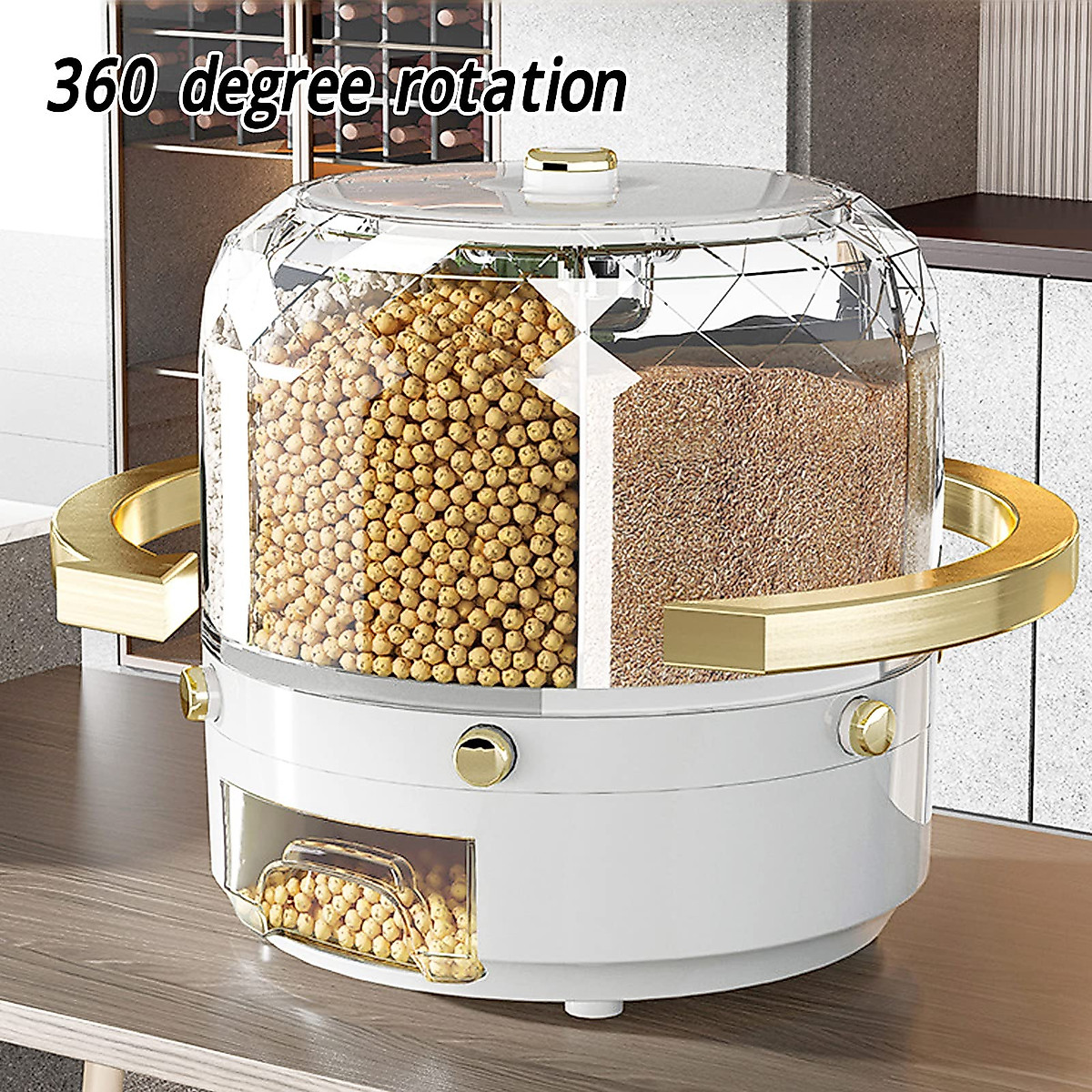 Rice and Grain Storage Container, 6KG Capacity 6 Grid Rice Dispenser, 360° Rotatable Food Storage Container, One Click Button Dry Food Storage Box Rice Bucket for Cereal, Grain, Beans(White)