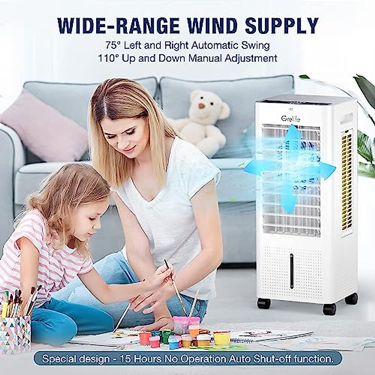 Grelife Evaporative Air Cooler, 3-IN-1 Portable Air Cooler with Fan &Humidifier, Oscillation Swamp Cooler with 3 Wind Speeds, 3 Modes, 4 Ice Packs, 12H Timer, Remote, for Bedroom Office Home Garage