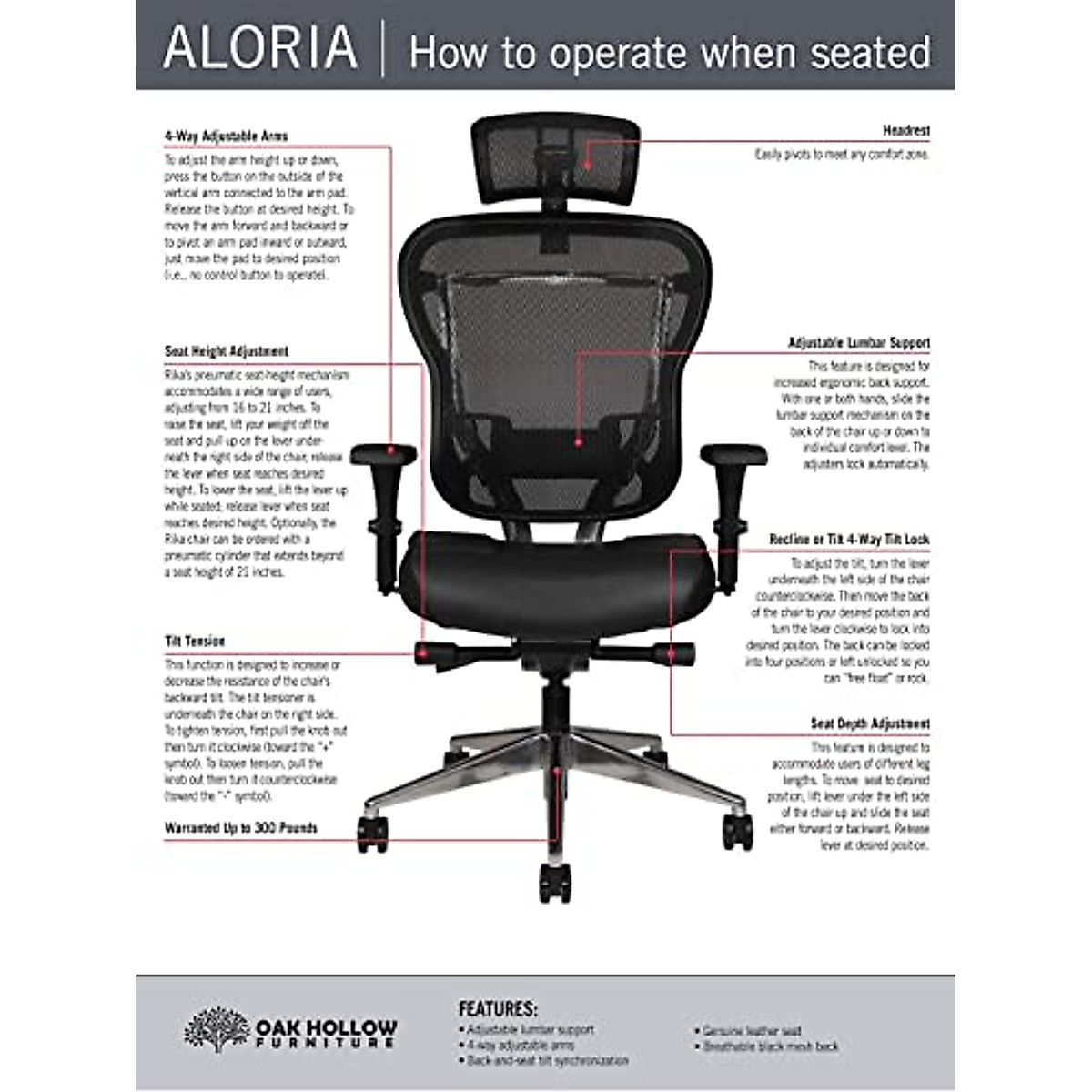 Oak Hollow Furniture Aloria Series Office Chair Ergonomic Executive Computer Chair Genuine Leather Seat Cushion, Mesh Back Adjustable Lumbar Support Swivel Tilt High-Back (Black, Tall, Headrest)