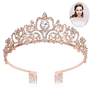 Araluky Crystal Tiara Crown Headband Princess Elegant Tiara with Combs for Women Young Ladies Bridal Wedding Prom Birthday Party, Rose Gold
