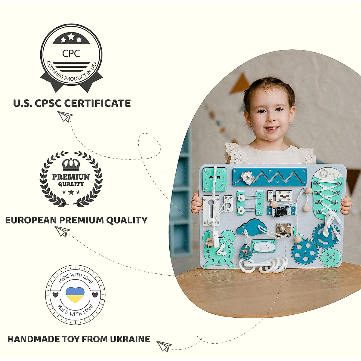 Sensory and Activity Busy Board for Toddlers - Made in Ukraine BD Gift for Boy and Girl, Baby, Kids, Children - Learning, Education, Travel (Gray Blue Mint) Wooden
