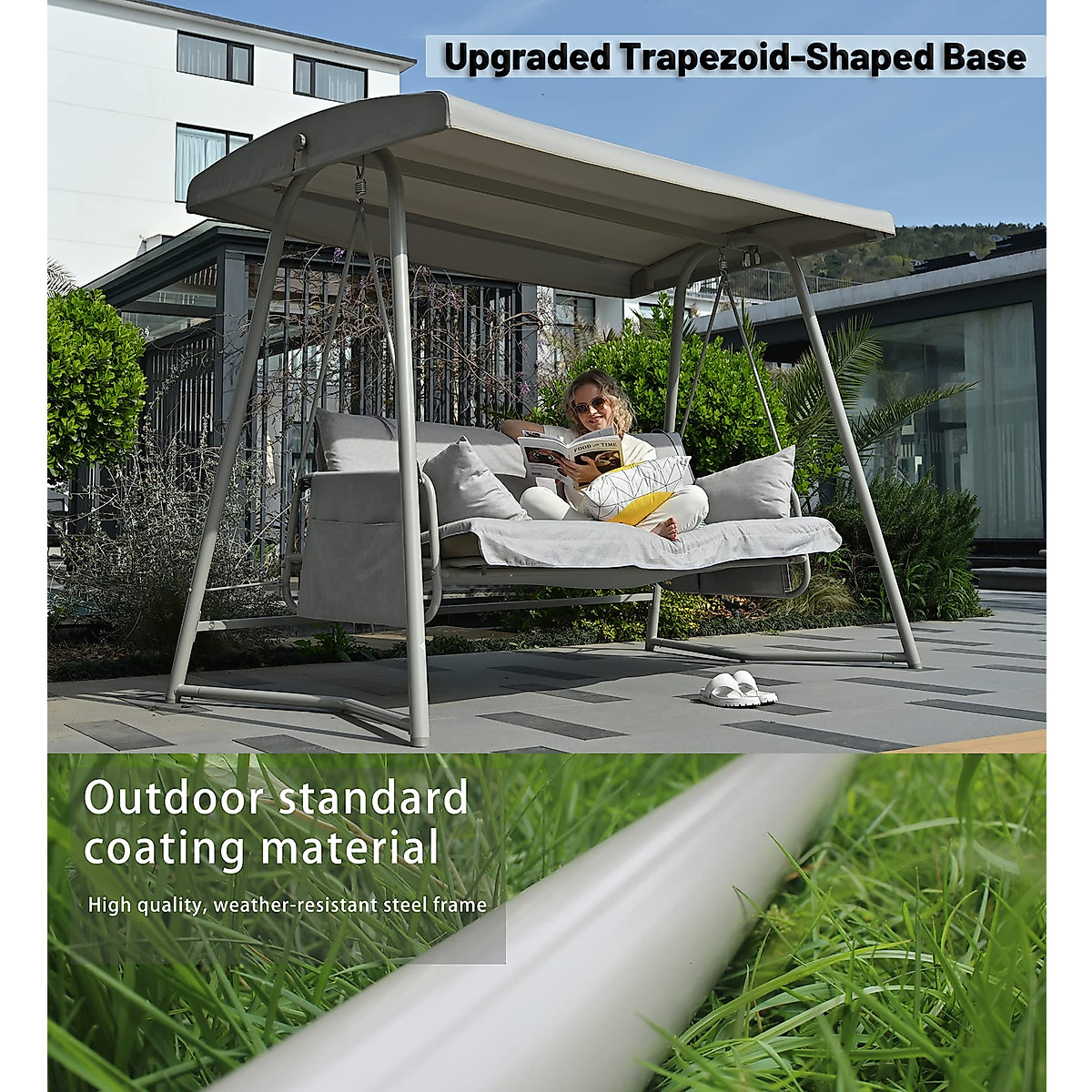 JOYBASE 3 Person Outdoor Porch Swing with Canopy, Patio Porch Swing with Stand, Swing Daybed Bed Bench with Cushion and Pillow, Swing for Deck, Outside, Garden, Backyard, Balcony