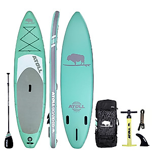 Atoll 11' Feet Inflatable Stand Up Paddle Board (6 Inches Thick, 32 inches Wide) ISUP, Bravo Hand Pump and 3 Piece Paddle, Travel Backpack and Accessories New Leash Included (Aqua Marine)