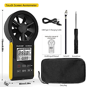 GOLDCHAMP Digital Anemometer, CFM Rechargeable & Waterproof Anemometer Measures Wind Speed(0.3~30m/s), Air Volume(0-999900 ft3/min) with Touch Screen, Backlight Display for HVAC, Shooting, Drone