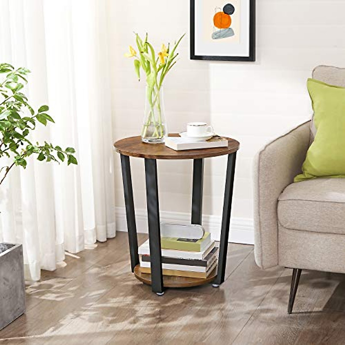 VASAGLE Round End Table with Storage Shelf, Side Tray for Small Space, Easy Assembly, Accent Furniture with Steel Frame, 19.7 x 19.7 x 22.4 (50 x 50 x 57 cm), Rustic Brown