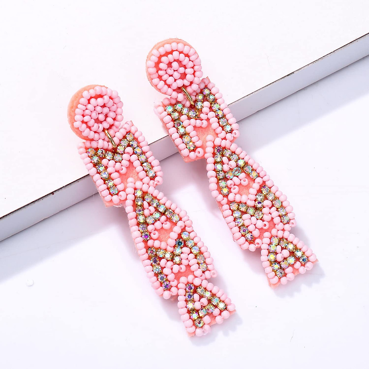 XOCARTIGE Mother’s Day Earrings Beaded MAMA Earrings for Women Handmade Rhinestone Bead Drop Dangle Earrings Birthday Mother’s Day Jewelry Gift (Pink)
