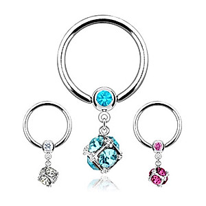 Covet Jewelry Dice Multi Gem Paved Dangle 316L Surgical Steel Gemmed Captive Bead Ring (Aqua)