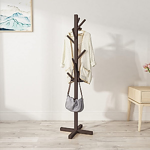 Tiasott Wooden Coat Rack Stand,Free Standing Tree Hanger,Standing Coat Rack with 8 Hooks,Hallway Entryway Clothes Hanger for Suits,Hats,Scarves,Handbags,Umbrella,Brown