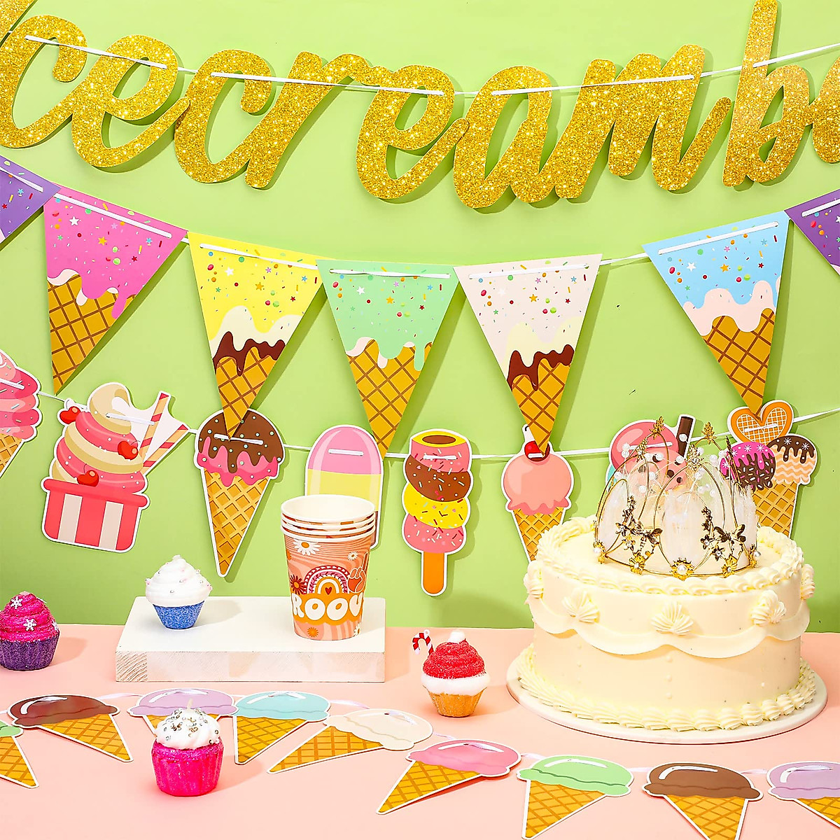 Kisston 5 Pcs Ice Cream Decorations Ice Cream Bar Banner Ice Cream Party Decorations Ice Cream Bar Supplies Garland Ice Cream Sign for Birthday Party, Baby Shower, Summer Holiday, Bachelorette Decor