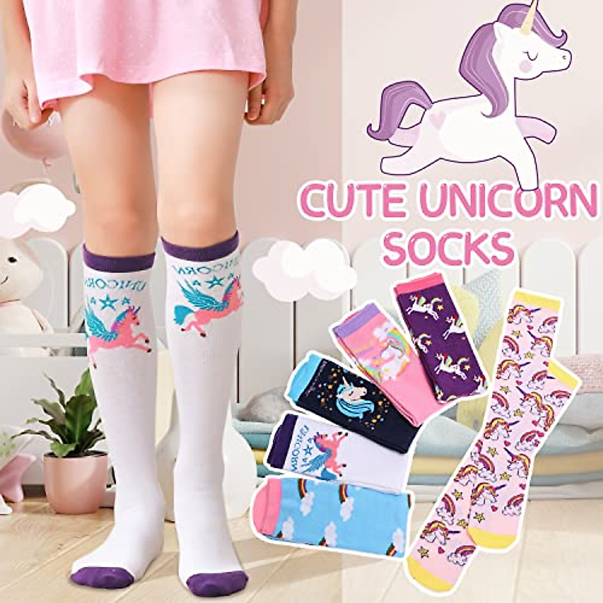 Kids Girls Knee High Socks Unicorn Gift Long Boot Crazy Silly Fun Animal Socks Tall Funny Colorful Stocking Stuffer Child Socks 6 Pairs (Animal Rainbow Unicorn)
