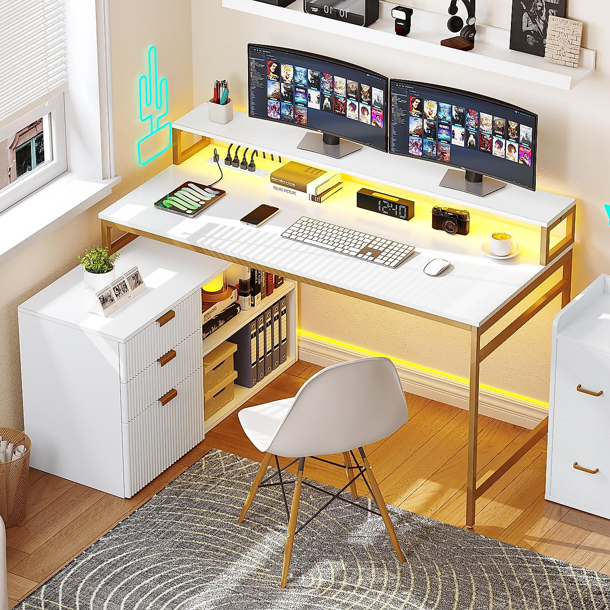 YITAHOME L Shaped Desk with Power Outlets and LED Lights, 55" Computer Desk with Drawers, Corner Office Desk with File Cabinet for Home Office, White & Gold