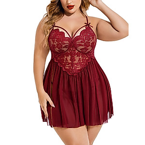 Avidlove Plus Size Lingerie for Women Valentines Day Lace Babydoll Nightgown Sexy Sleepwear Sheer Mesh Nightwear Dark Red