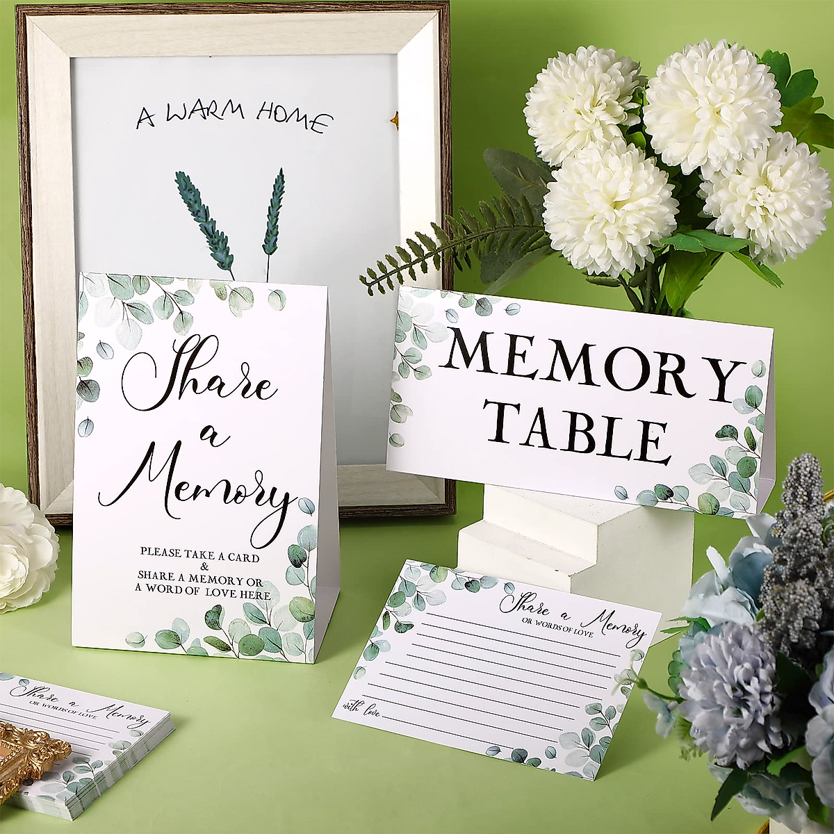 52 Pcs Greenery Eucalyptus Share a Memory Cards and Memory Table Signs Greenery Flower Seating Place Cards Funeral Celebration of Life Guest Book Card for Graduation Wedding, 3 Styles(Leaf Style)
