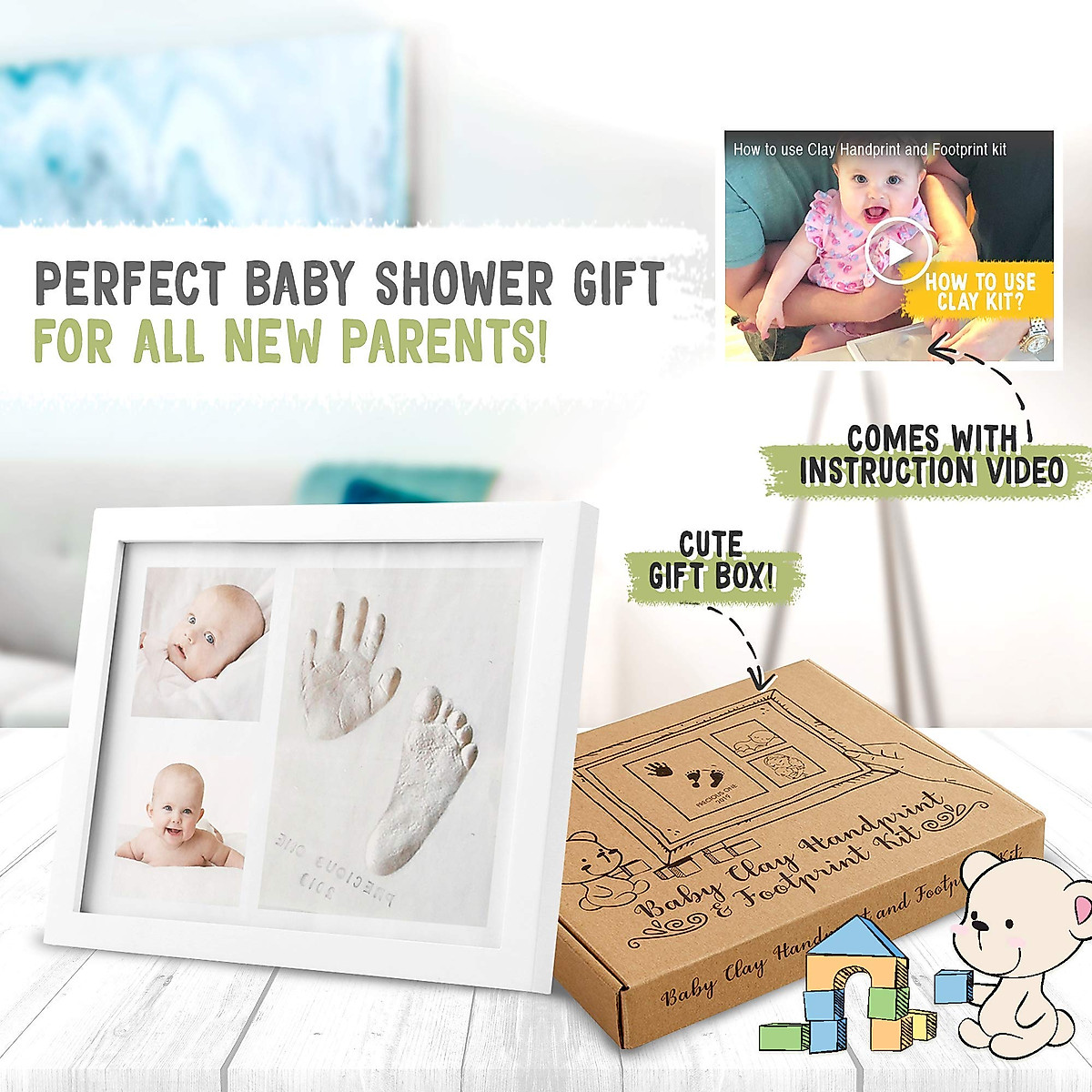 Newborn Baby Keepsake Set Bundle - Baby First 5 Years Memory Book & Baby Handprint Footprint Keepsake Photo Frame - Baby Nursery Art Kit and Journal for Baby Boys & Girls