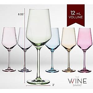 Colored Crystal Wine Glass Set of 6, Large 12 oz Glasses, Valentines Day Unique Italian Style Tall Stemmed Drinkware for Red & White Wine, Water Dinner Glasses, Color Beautiful Glassware - (Stemmed)