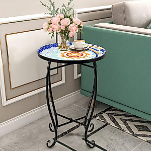 S AFSTAR Mosaic Patio Table, 21”H x 14”Dia Round Plant Stand Coffee Table, Mosaic Outdoor Side Table, Patio Bistro Table, Outdoor Side Tables, Mosaic Plant Stand for Books Coffee Potted (Navy)