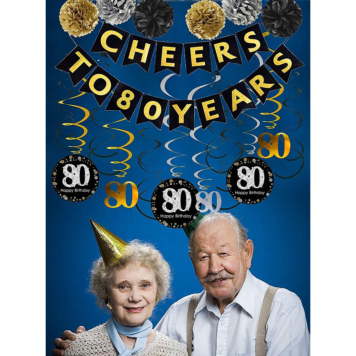 Famoby 80th Birthday Party Decorations Kit - Gold Glittery Cheers to 80 Years Banner,Poms,12Pcs Sparkling 80 Hanging Swirl for 80th Anniversary Decorations 80 Years Old Party Supplies
