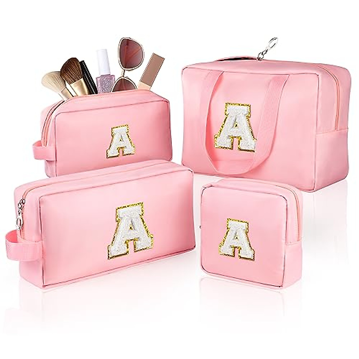 TOPEAST Makeup Bag Set, 4 Pack Initial Cosmetic Bags Chenille Letter Bags Travel Toiletry Bag Waterproof Nylon Makeup Pouch with Handle, Personalized Birthday Gift for Women Girls, Letter A