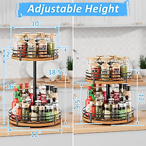 OVICAR Lazy Susan Turntable Organizer Adjustable - 2 Tier Wood Rotating Spice Rack 12 Inch Lazy Susan for Kitchen Countertop Cabinet Pantry Cupboard Dining Table Bathroom Coffee Bar Home Storage