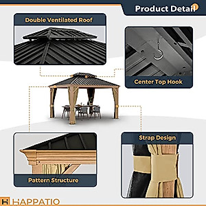 HAPPATIO 10' x 12' Hardtop Gazebo, Outdoor Wood Grain Frame Aluminum Gazebo, Double Roof Permanent Patio Gazebo Canopy with Netting and Curtains for Garden, Patio, Lawns, Parties (Beige)