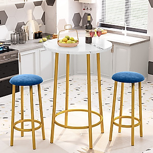 AWQM 3 Piece Bar Table Set, Round Pub Dining Set with Golden Metal Frame, Velvet Bar Stools, Ideal for Breakfast Nook, Kitchen, Small Spaces